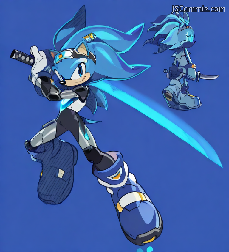 SFW | humanoid, female cyborg, holding katana, blue eared hairband ...