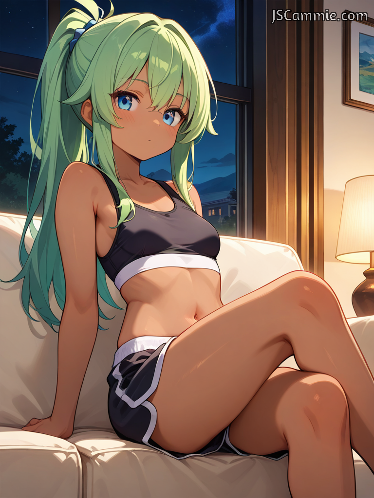 SFW | sequel kludge, green hair, long hair, ponytail, blue eyes, dark skin, short female, small ...